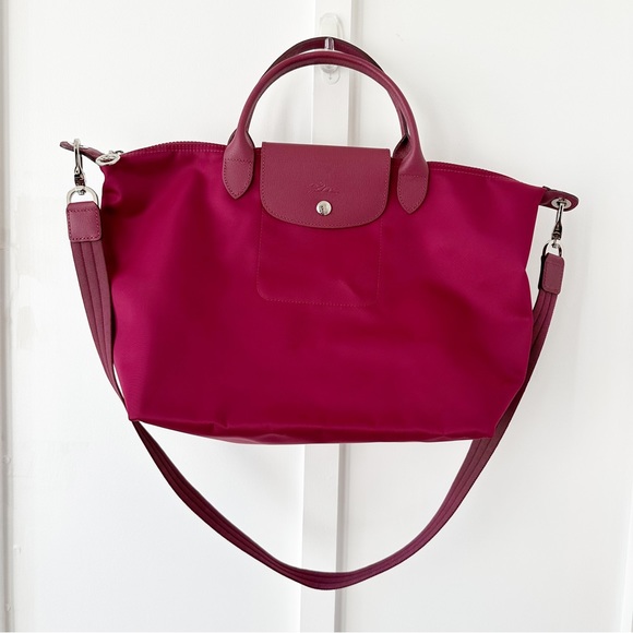 Longchamp | Bags | Longchamp Raspberry Tonal Nylon Leather Tote Bag ...